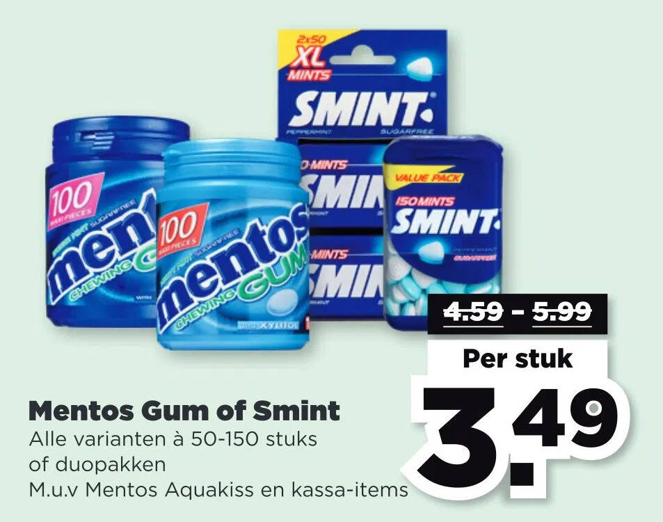 Mentos Gum of Smint aanbieding bij PLUS