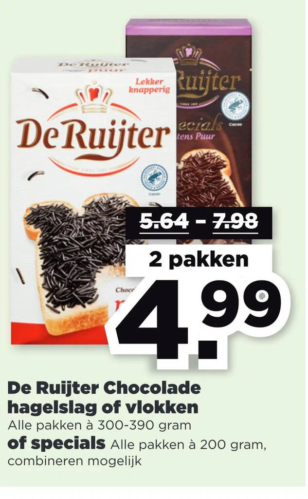 De Ruijter Chocolade hagelslag of vlokken aanbieding bij PLUS