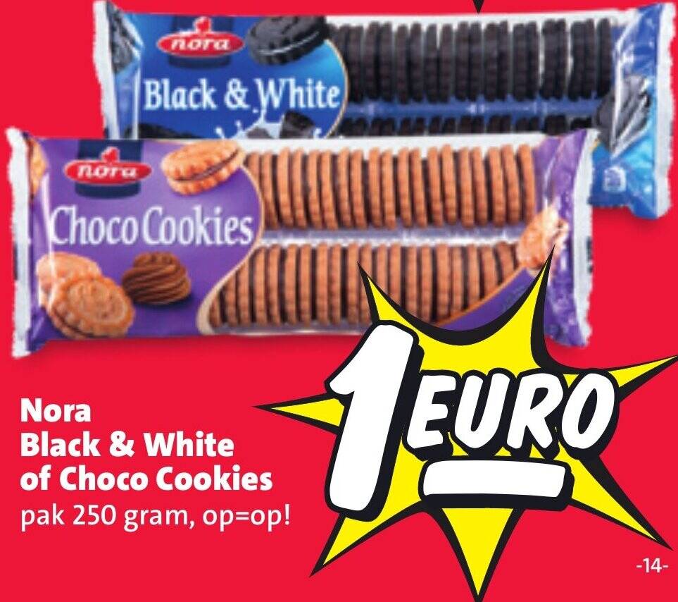 Nora Black & White of Choco Cookies 250 gram aanbieding bij Nettorama
