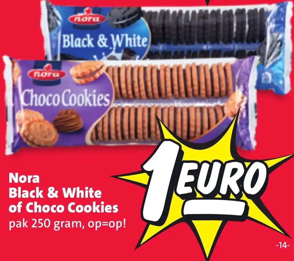 Nora Black & White of Choco Cookies 250 gram aanbieding bij Nettorama
