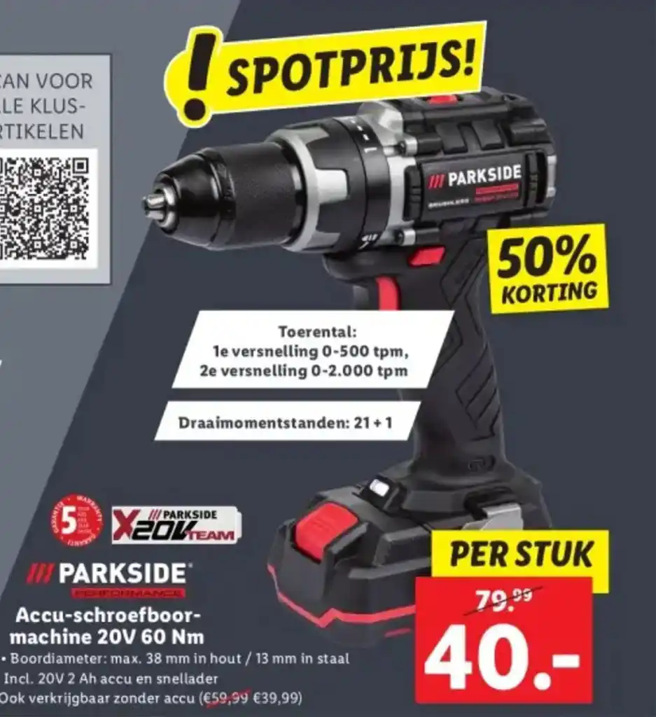 PARKSIDE Accu-schroefboormachine 20V 60 Nm aanbieding bij Lidl