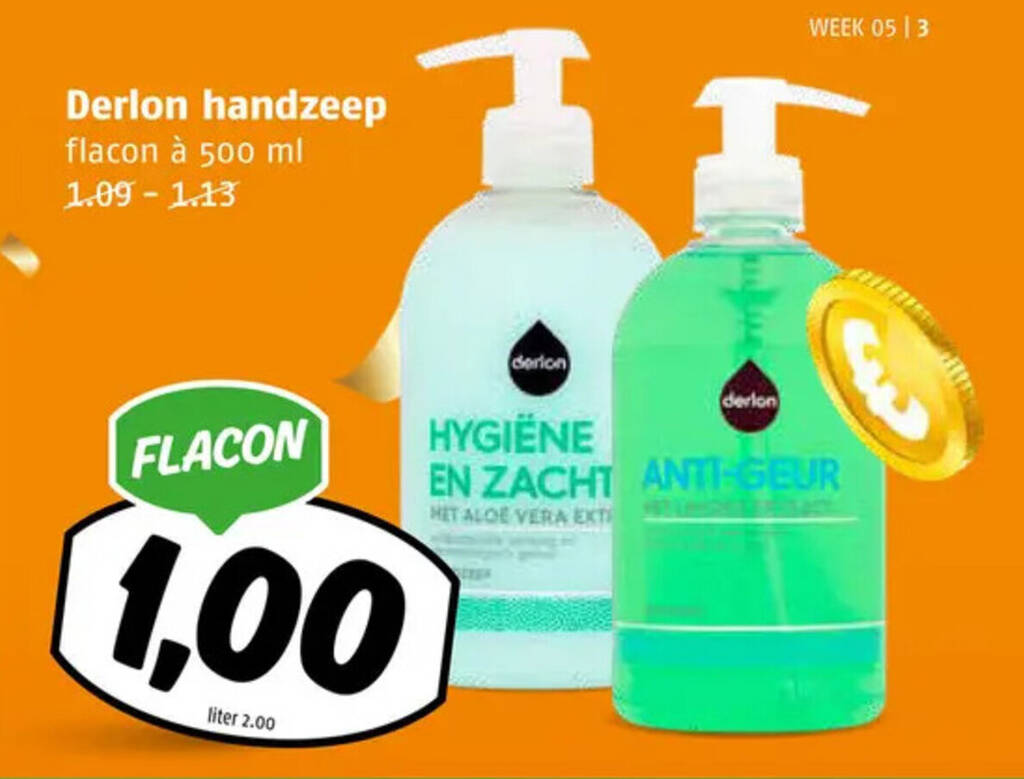 Derlon handzeep 500ml aanbieding bij Poiesz