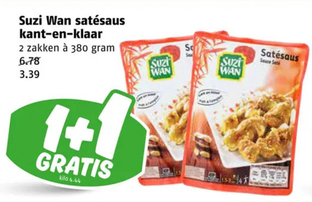Suzi Wan satésaus kant-en-klaar 1+1 gratis aanbieding bij Poiesz