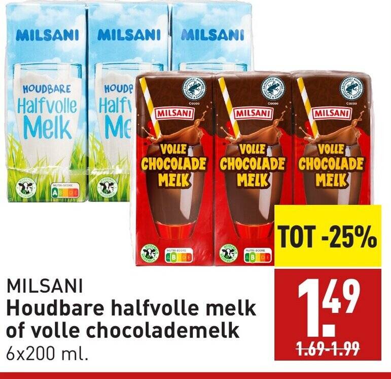 Houdbare halfvolle melk of volle chocolademelk 6x200 ml aanbieding bij ALDI