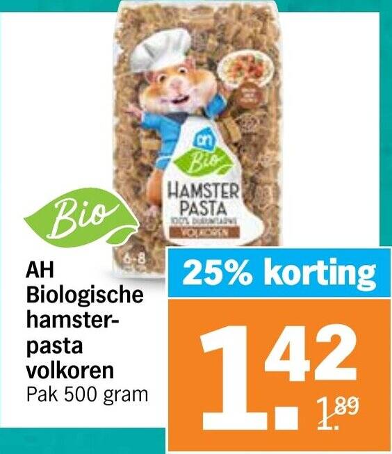 Biologische hamster-pasta volkoren 500 gram aanbieding bij Albert Heijn