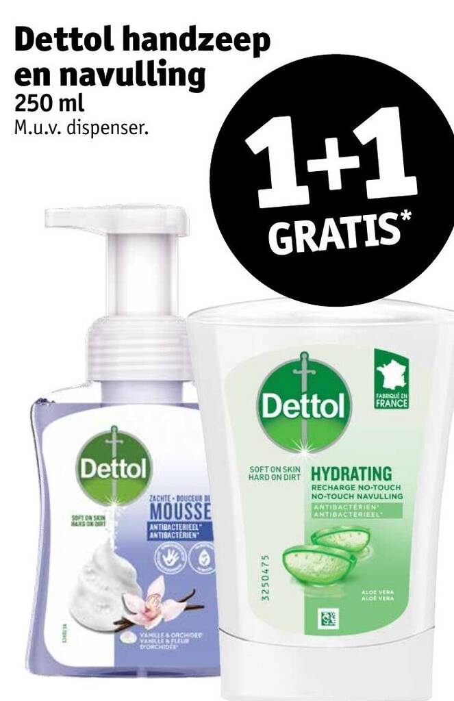 Dettol handzeep en navulling 250 ml 1+1 GRATIS aanbieding bij Kruidvat