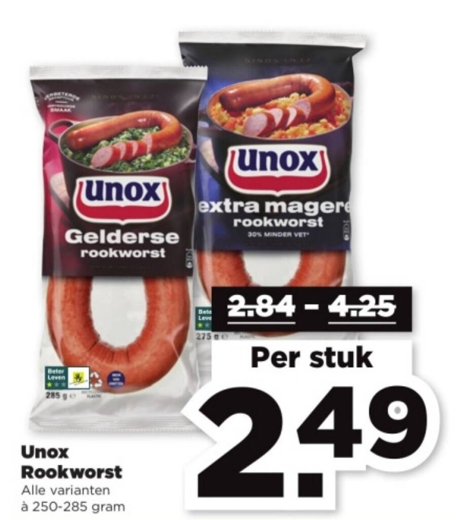 Unox rookworst 250-285 gram aanbieding bij PLUS