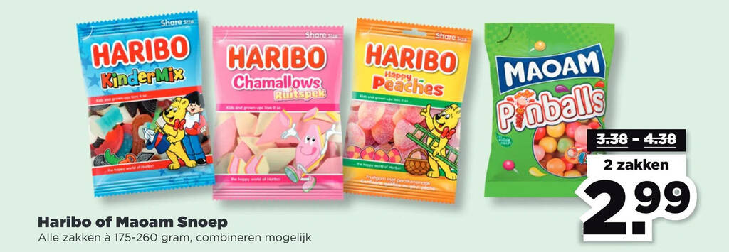 Haribo of maoam snoep 2 zakken 175-260 gram aanbieding bij PLUS