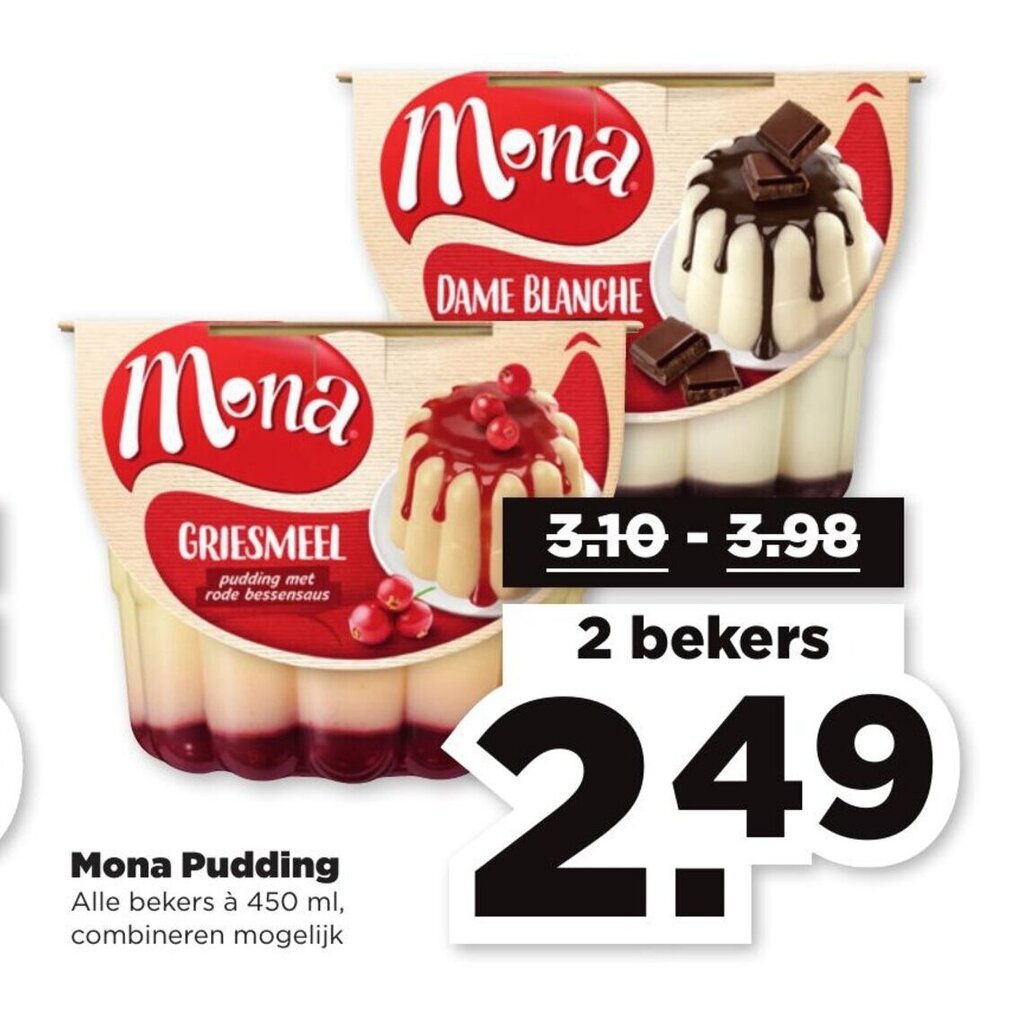 Mona Pudding 450 ml 2 bekers aanbieding bij PLUS