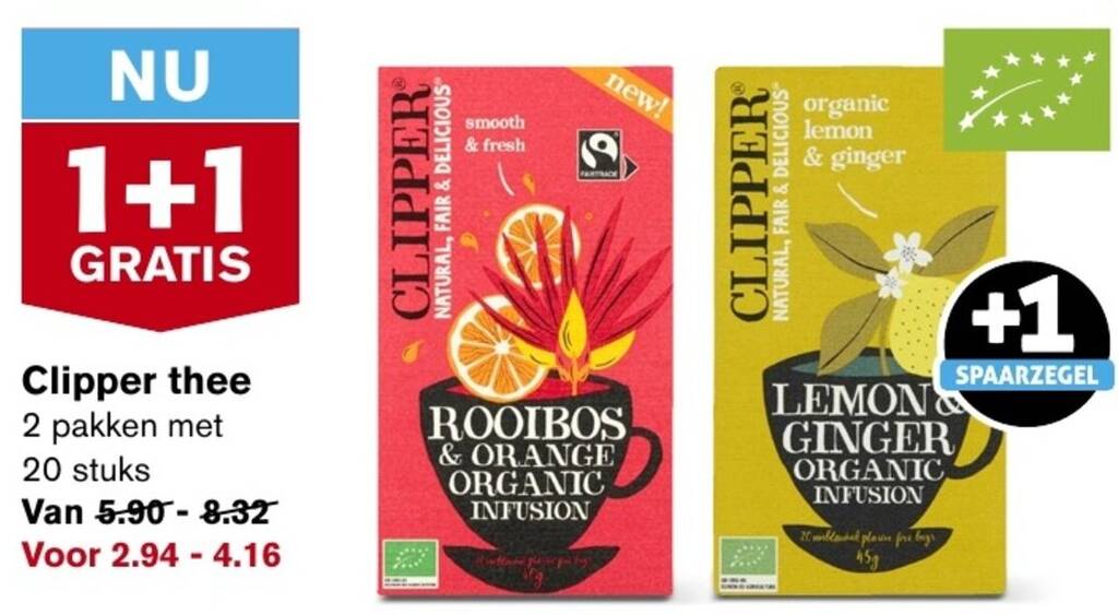 Clipper thee 2 pakken met 20 stuks 1+1 GRATIS, vanaf aanbieding bij ...