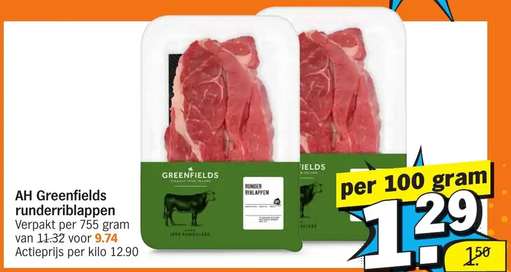 Greenfields runderriblappen per 100 gram aanbieding bij Albert Heijn