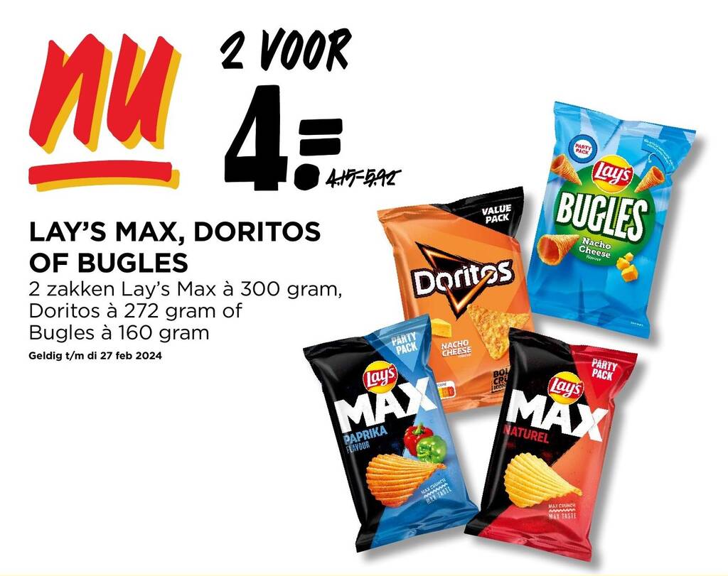 LAY'S MAX, DORITOS OF BUGLES 2 zakken Lay's Max à 300 gram, Doritos à ...