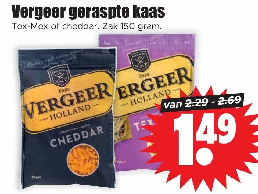 Vergeer geraspte kaas Tex-Mex of cheddar. Zak 150 gram. aanbieding bij Dirk
