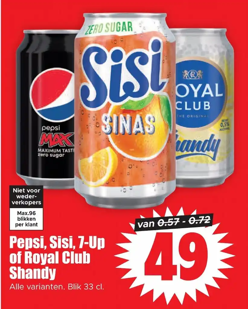 Pepsi, Sisi, 7-Up of Royal Club Shandy 330ml aanbieding bij Dirk
