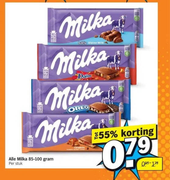 Alle Milka 85-100 gram Per stuk aanbieding bij Albert Heijn