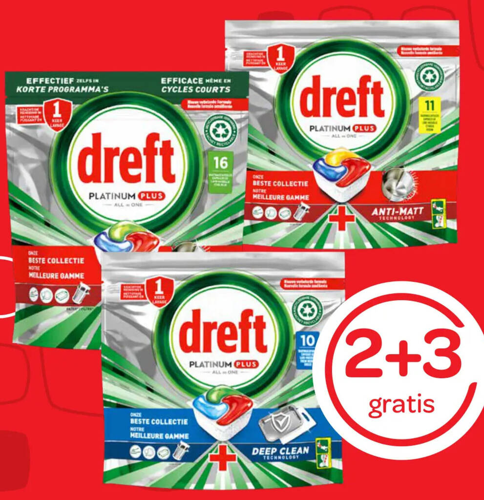 Dreft vaatwastabletten platinum plus 10/16 stuks 2+3 gratis aanbieding ...
