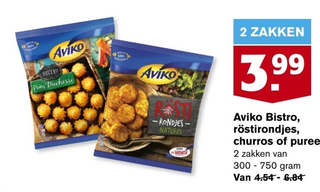 Aviko Bistro, röstirondjes, churros of puree aanbieding bij Hoogvliet