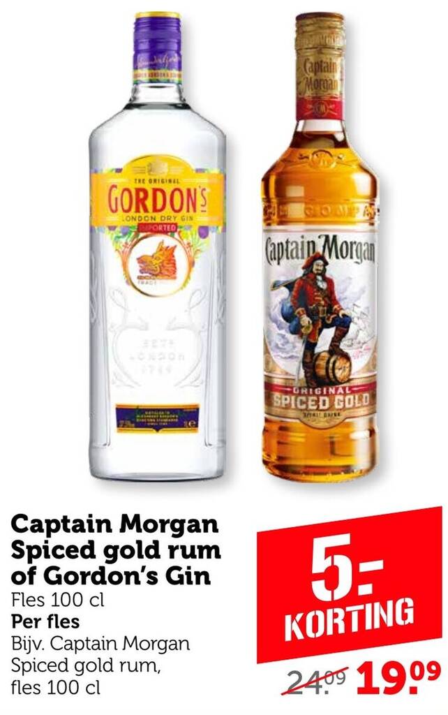 Captain Morgan Spiced gold rum of Gordon's Gin Fles 100 cl aanbieding ...