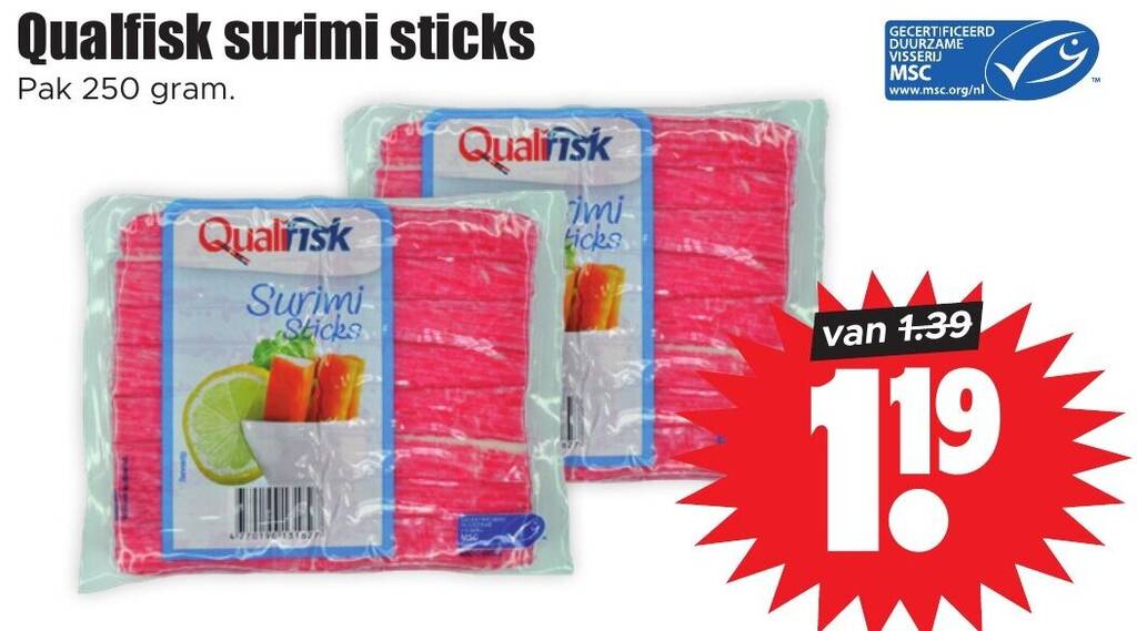 Qualfisk surimi sticks 250 gram aanbieding bij Dirk