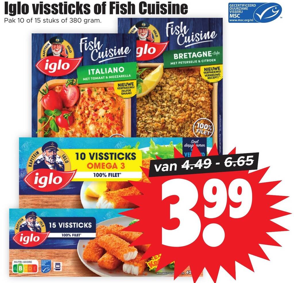 Iglo vissticks of fish cuisine 380 gram aanbieding bij Dirk