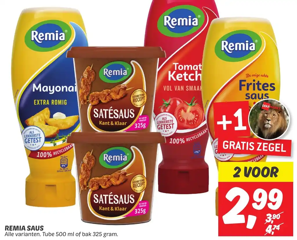REMIA SAUS 500ml of 325g aanbieding bij Dekamarkt