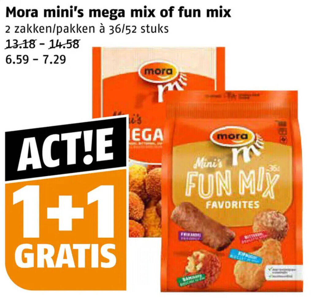 Mora mini's mega mix of fun mix 1+1 gratis aanbieding bij Poiesz