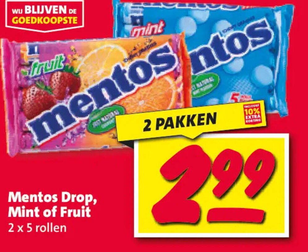 Mentos Drop, Mint of Fruit 2 x 5 rollen aanbieding bij Nettorama