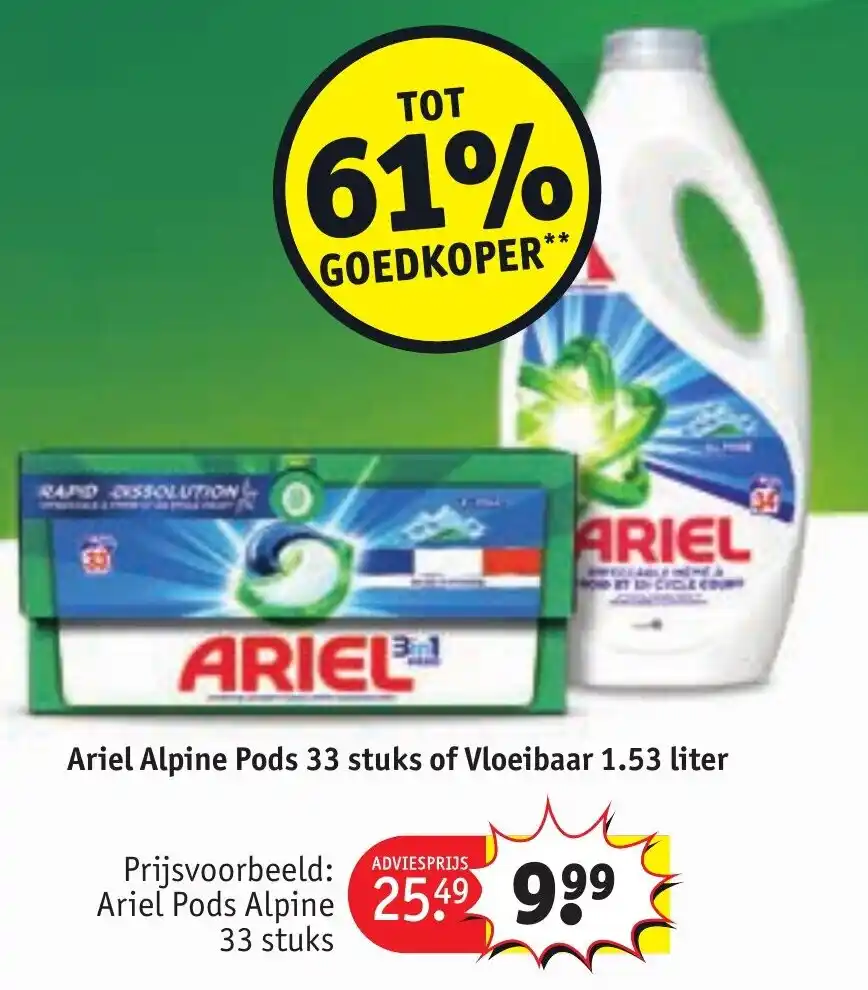 Ariel Alpine Pods 33 stuks of Vloeibaar 1.53 liter aanbieding bij Kruidvat