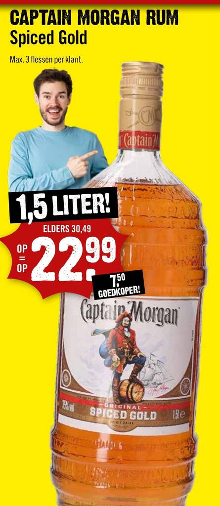 Captain Morgan rum spiced gold 1,5 liter 1.5 liter aanbieding bij Dirck 3