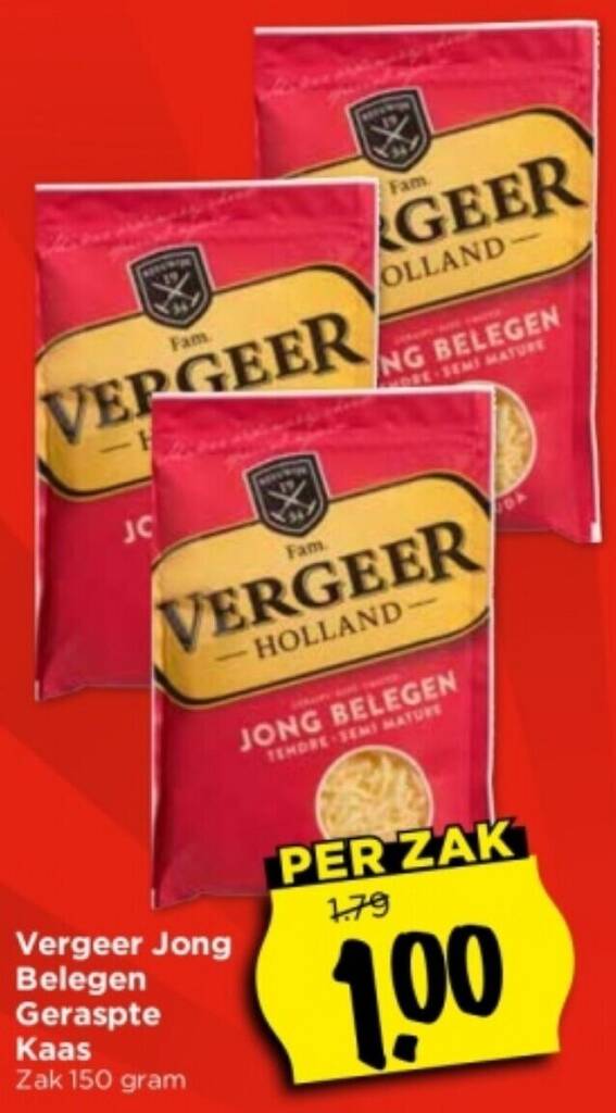 Vergeer Jong Belegen Geraspte Kaas Zak 150 gram aanbieding bij Vomar ...