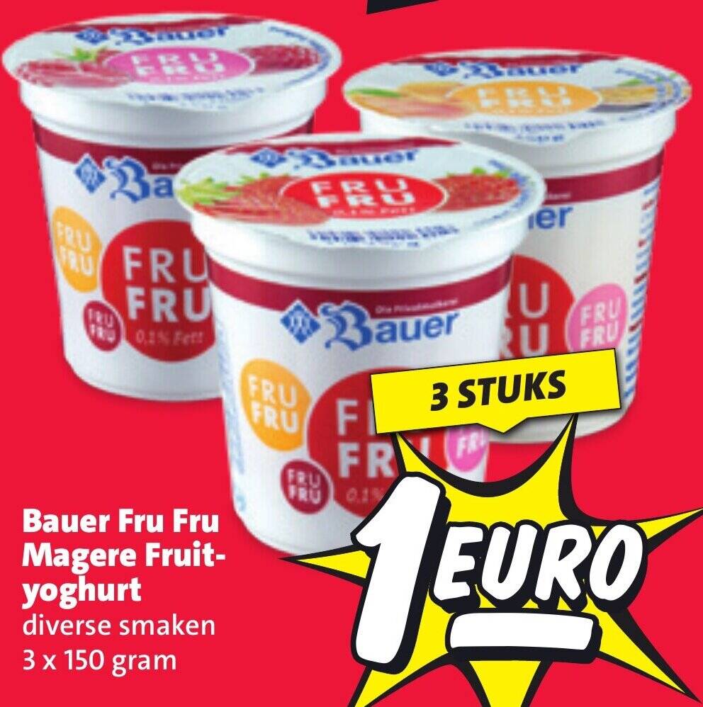 Bauer fru fru magere fruit yoghurt 3 x 150 gram aanbieding bij Nettorama