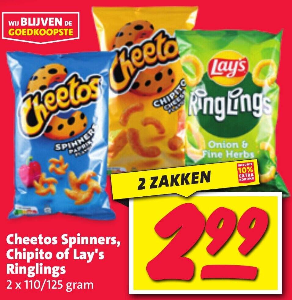 Cheetos spinners chipito of lay's ringlings 2 x 110/125 gram aanbieding ...