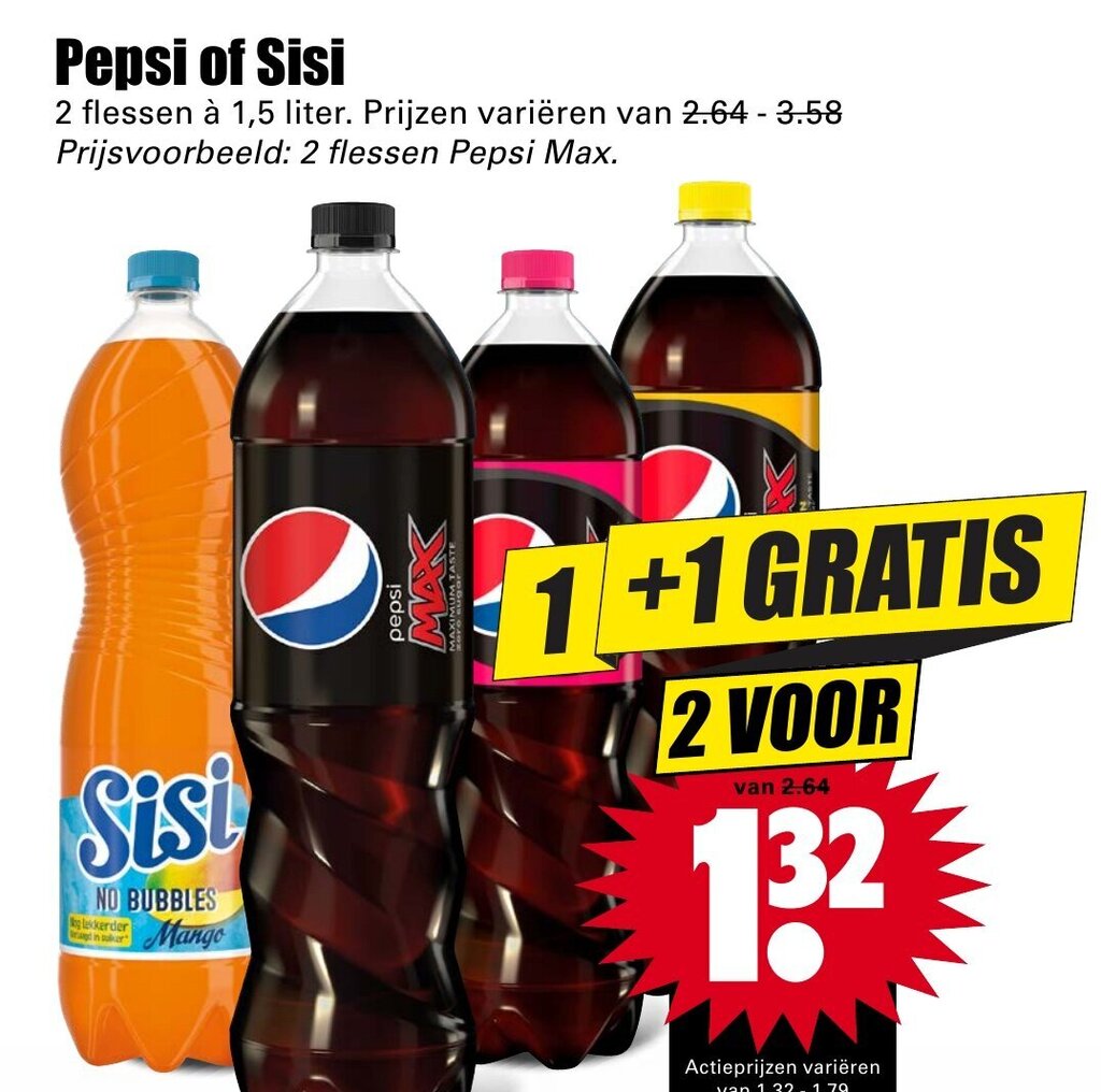 Pepsi of Sisi 1,5L 1 + 1 gratis 2 voor aanbieding bij Dirk