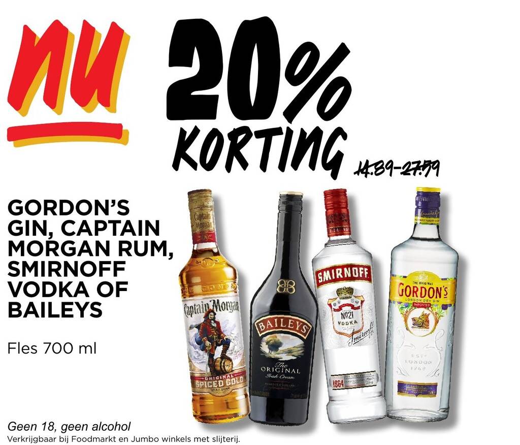 GORDON'S GIN, CAPTAIN MORGAN RUM, SMIRNOFF VODKA OF BAILEYS Fles 700 ml ...