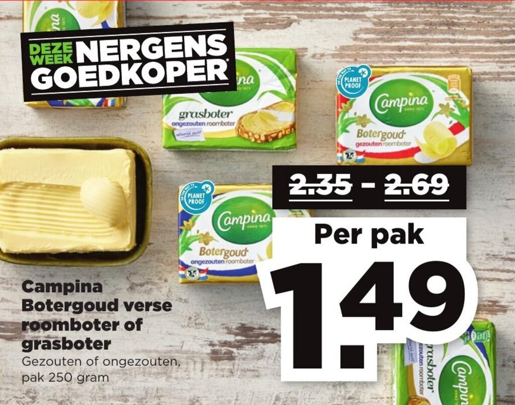 Campina Botergoud verse roomboter of grasboter 250g aanbieding bij PLUS