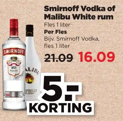 Smirnoff Vodka of Malibu White rum Fles 1 liter aanbieding bij PLUS