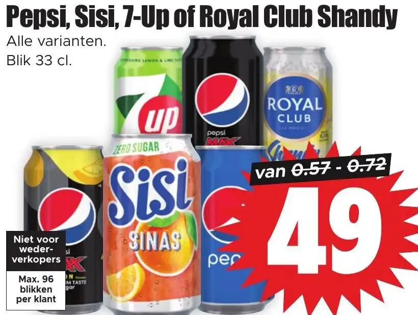 Pepsi, Sisi, 7-Up of Royal Club Shandy 33 cl aanbieding bij Dirk