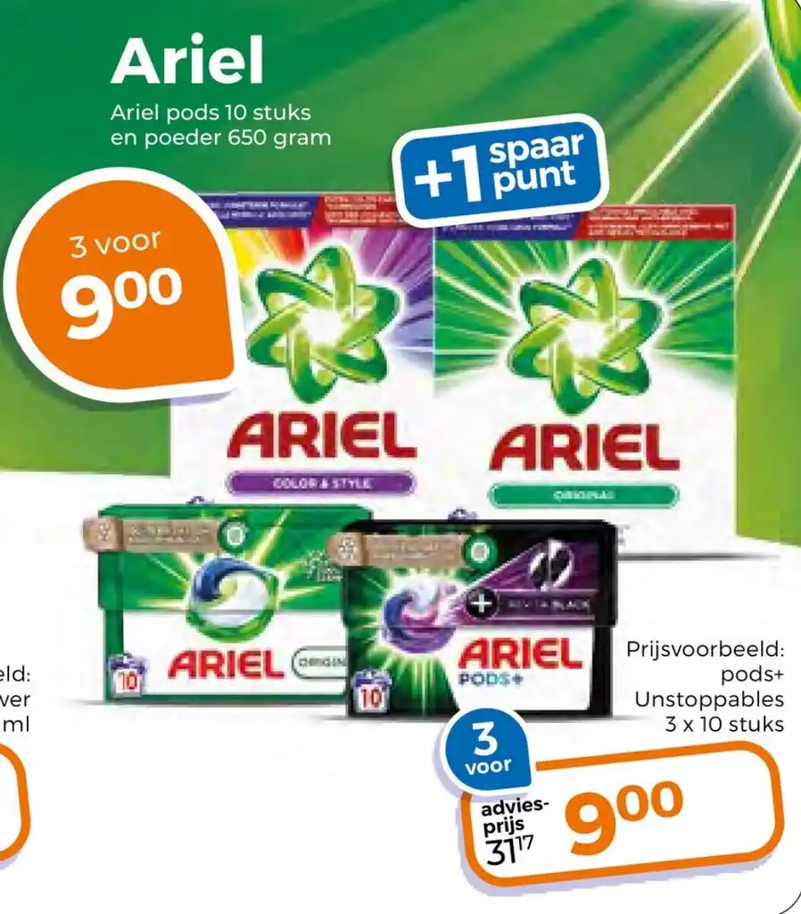 Ariel pods 10 stuks en poeder 650 gram aanbieding bij Trekpleister
