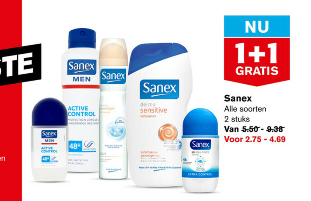 Sanex 2 stuks 1+1 Gratis aanbieding bij Hoogvliet