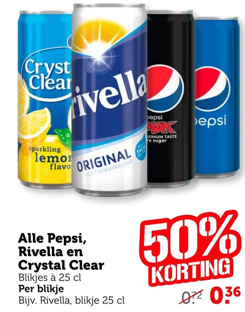 Alle pepsi rivella en crystal clear per blikje aanbieding bij Coop