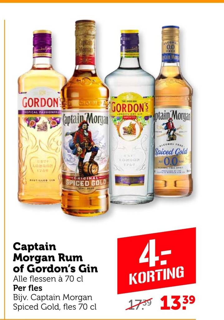 Captain Morgan Rum of Gordon's Gin alle flessen à 70 cl aanbieding bij Coop