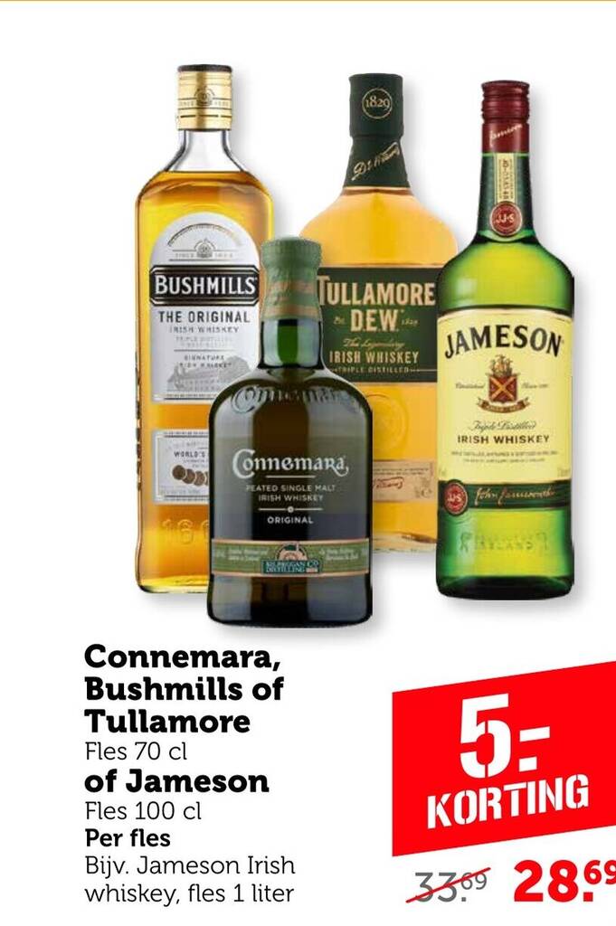 Connemara, Bushmills of Tullamore fles 70 cl of Jameson fles 100 cl ...