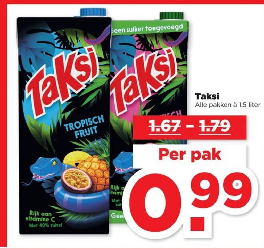 Taksi alle pakken à 1.5 liter aanbieding bij PLUS