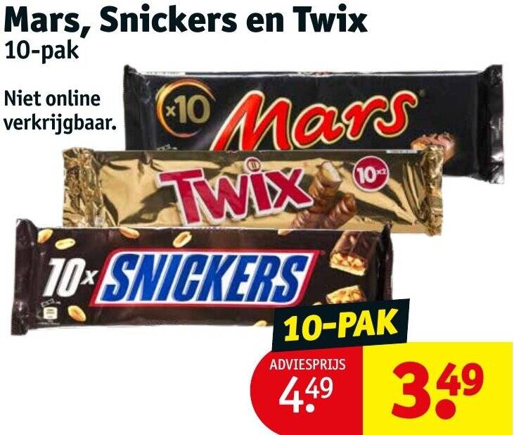 Mars, Snickers en Twix 10-pak aanbieding bij Kruidvat