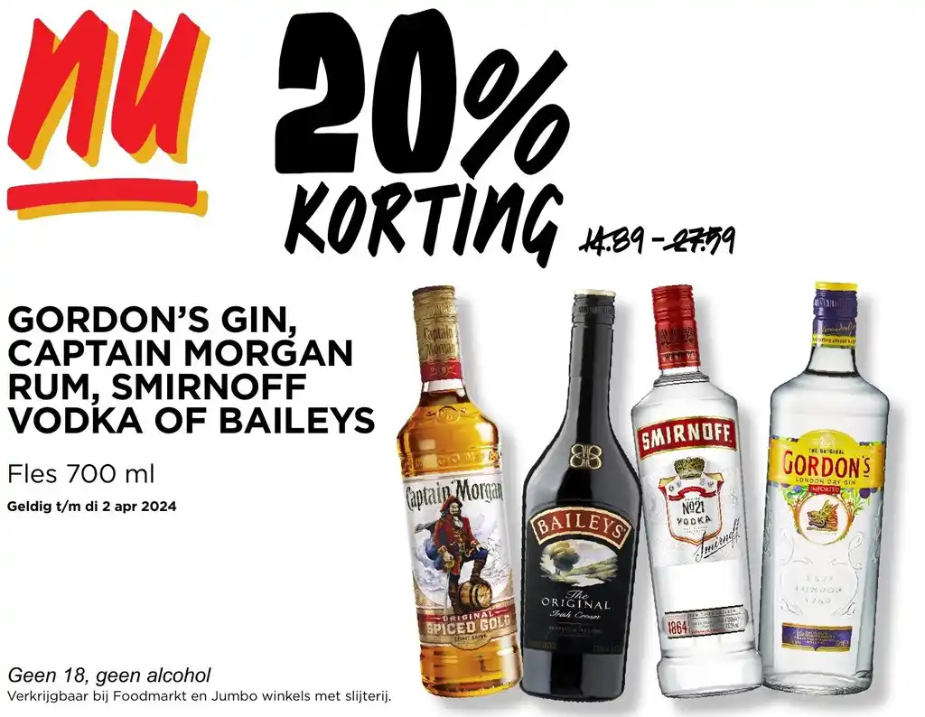 GORDON'S GIN, CAPTAIN MORGAN RUM, SMIRNOFF VODKA OF BAILEYS 700ml ...