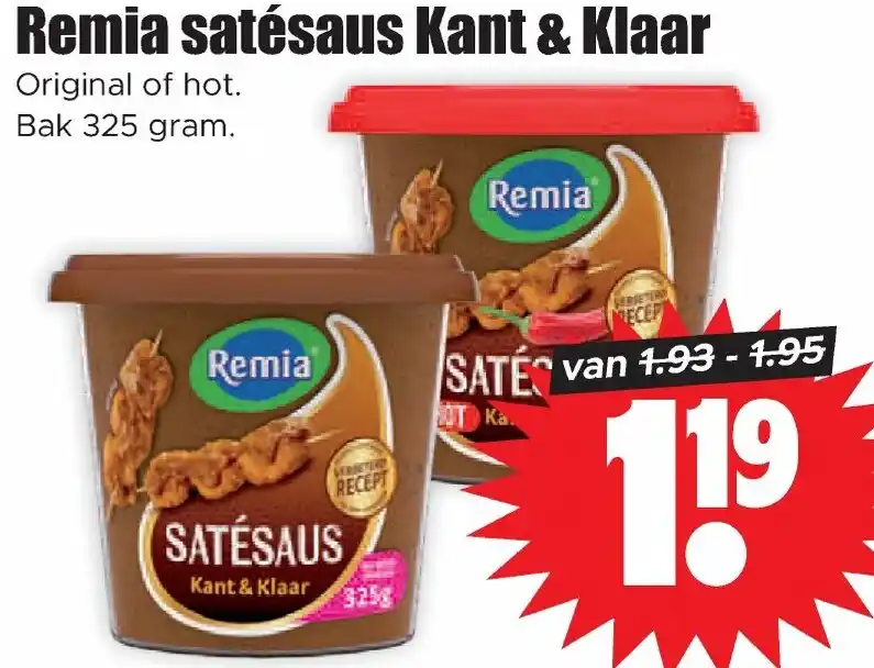 Remia satésaus Kant & Klaar 325g aanbieding bij Dirk