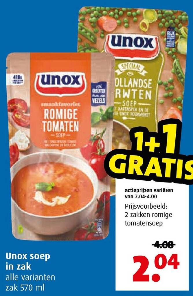 Unox soep in zak 570ml 1+1 gratis aanbieding bij Boni