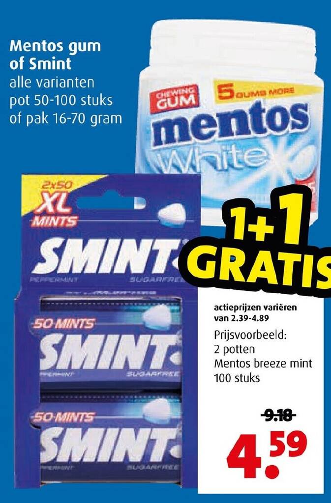 Mentos gum of Smint 1+1 gratis aanbieding bij Boni
