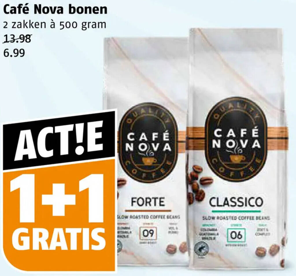 Café Nova bonen 500g 1+1 gratis aanbieding bij Poiesz