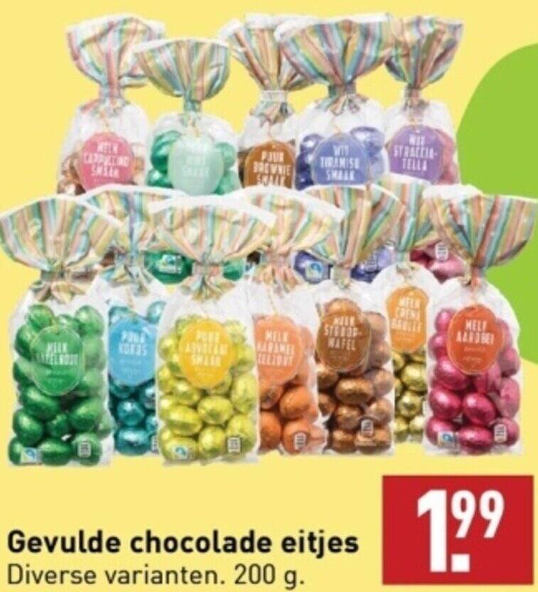 Gevulde chocolade eitjes. 200 g. aanbieding bij ALDI